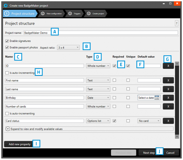 Create a new project in BadgeMaker and setup own field names